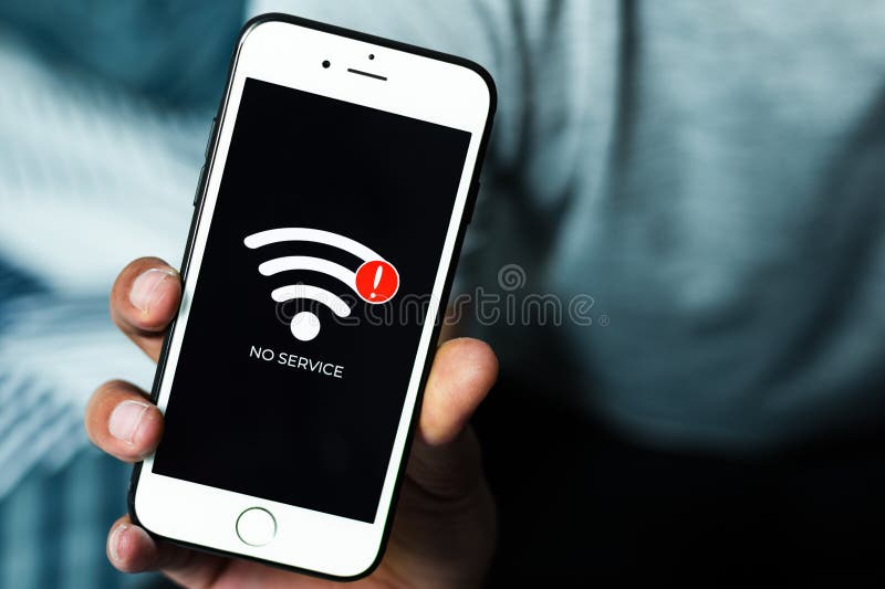 Close Up of Man Hand Holding Smart Phone with Sign No Service on Screen ...