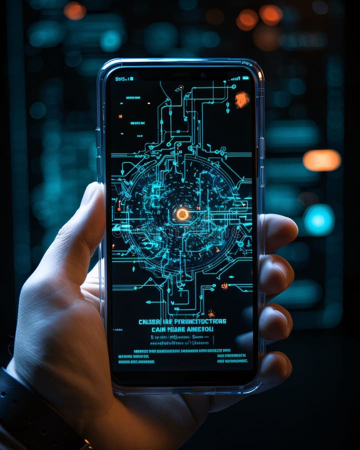 Close Up of Man Hand Holding Smartphone with Glowing Circuit Interface ...