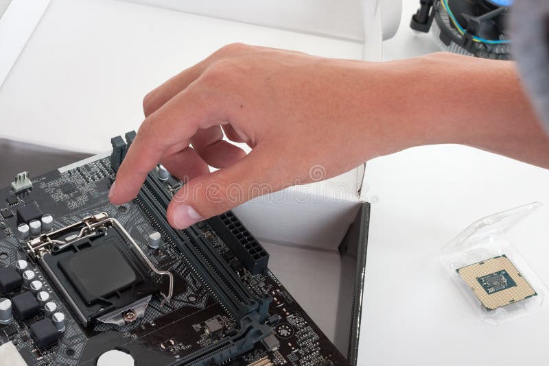 Close Up of Man Hand Openning Slot for CPU on PC Motherboard. Stock ...