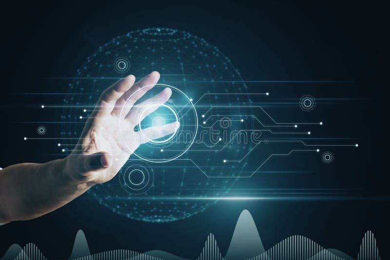 Close Up of Man Hand Pointing at Abstract Glowing Polygonal Sphere and ...