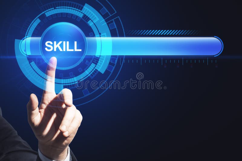 Close Up of Man Hand Pointing at Abstract Glowing Skill Bar on Blue ...