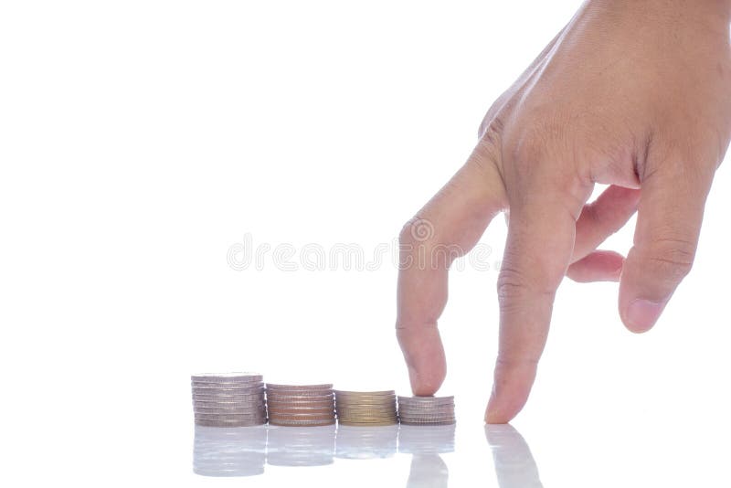 Close-up of Man Hand Put Coins To Stack of Coins Stock Photo - Image of ...