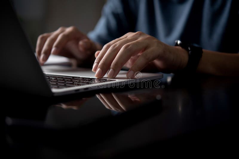 Close-up Man Hand Typing on Computer Searching for Information on ...