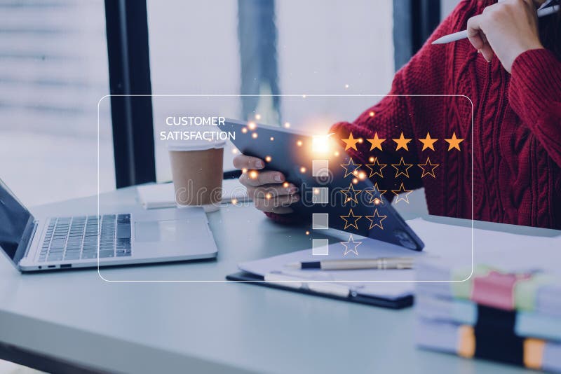 Close Up Man Hand Using Computer Notebook with Popup Five Star Icon for ...