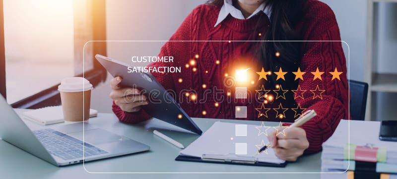 Close Up Man Hand Using Computer Notebook with Popup Five Star Icon for ...