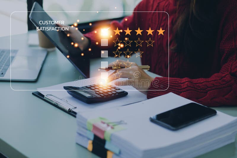 Close Up Man Hand Using Computer Notebook with Popup Five Star Icon for ...