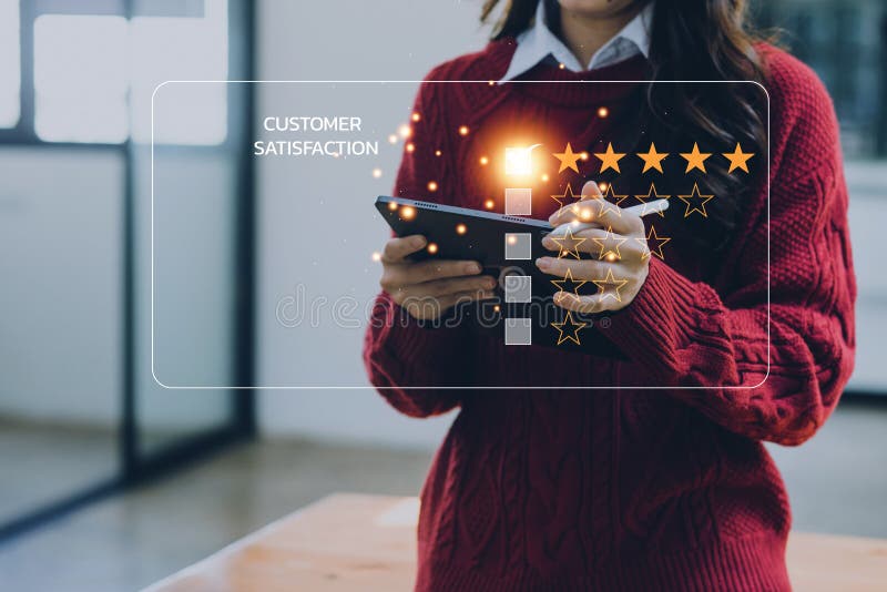 Close Up Man Hand Using Computer Notebook with Popup Five Star Icon for ...