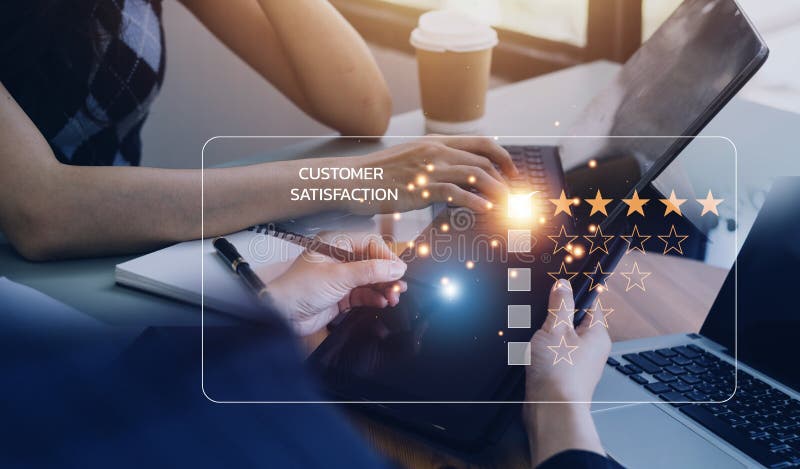 Close Up Man Hand Using Computer Notebook with Popup Five Star Icon for ...