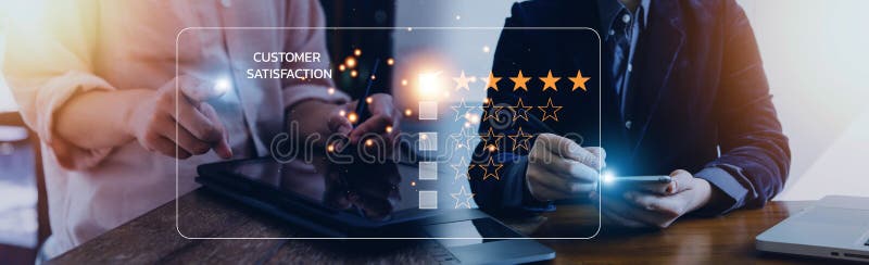 Close Up Man Hand Using Computer Notebook with Popup Five Star Icon for ...