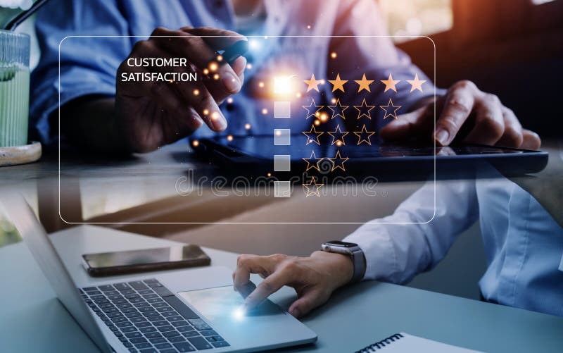 Close Up Man Hand Using Computer Notebook with Popup Five Star Icon for ...