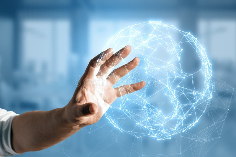 Close Up of Man Hand Using Glowing Polygonal Globe Hologram on Blurry ...