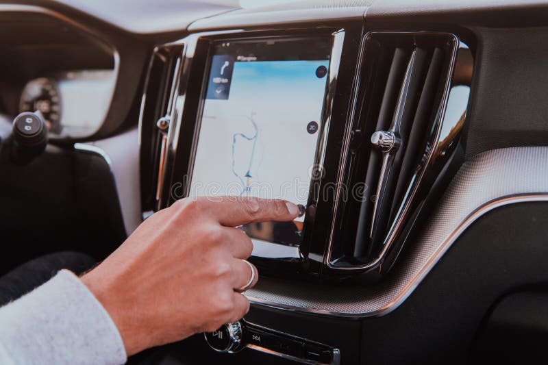 Close-up of Man Hand Using GPS Navigation Inside Car Stock Photo ...