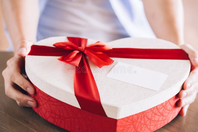 Close Up of Man Hands Giving a Decorative Present Gift Box with Empty ...