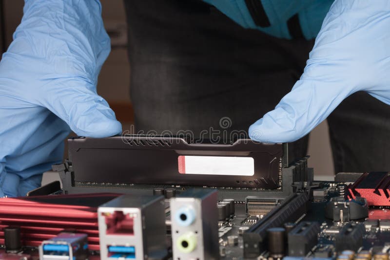 Close Up of Man Hands with Gloves Installing Ram DDR4 Memory Mod Stock ...