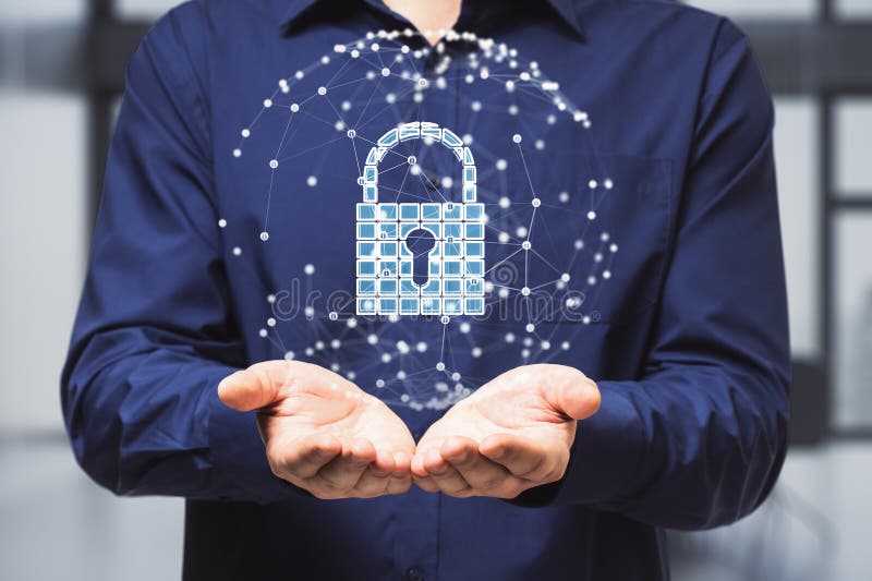 Close Up of Man Hands Holding Abstract Glowing Padlock Shield Inside ...