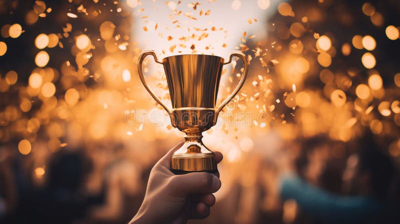 Close Up Man Hands Holding Champion Golden Trophy. Stock Photo - Image ...