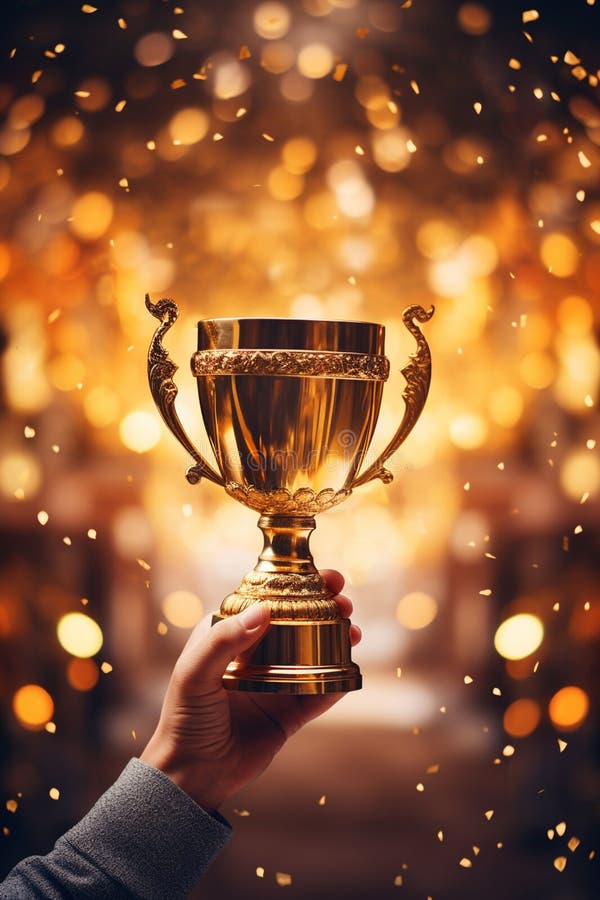 Close Up Man Hands Holding Champion Golden Trophy. Stock Image - Image ...