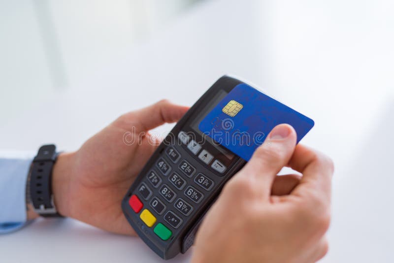 Close Up of Man Hands Holding Pos Terminal Stock Image - Image of card ...