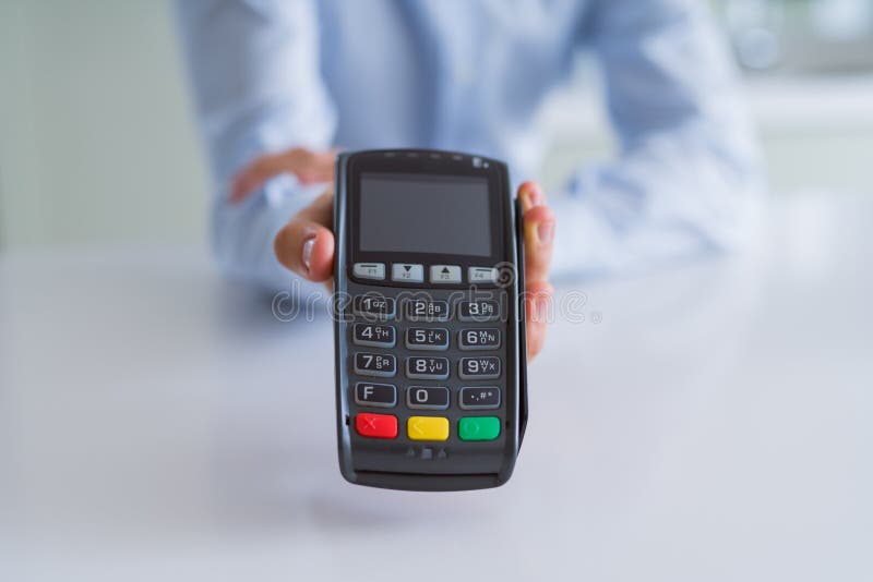 Close Up of Man Hands Holding Pos Terminal Stock Image - Image of ...