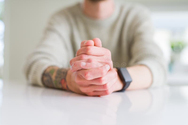 Close Up of Man Hands Over White Table Stock Photo - Image of holding ...