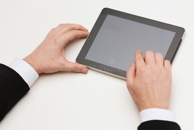 Close Up of Man Hands Touching Tablet Pc Stock Image - Image of ...
