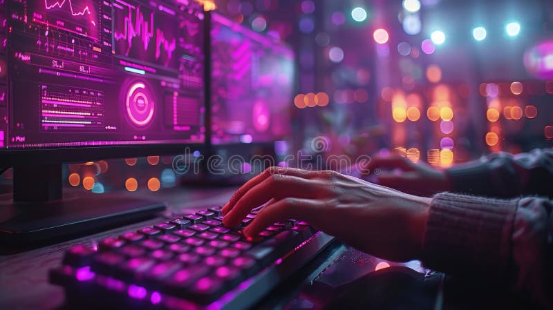 Close-up of a Man Hands Typing on a Keyboard, with the Computer Screen ...