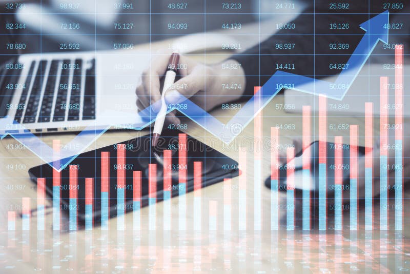 Creative Growing Financial Forex Chart Graph and Map Hologram on Blurry ...