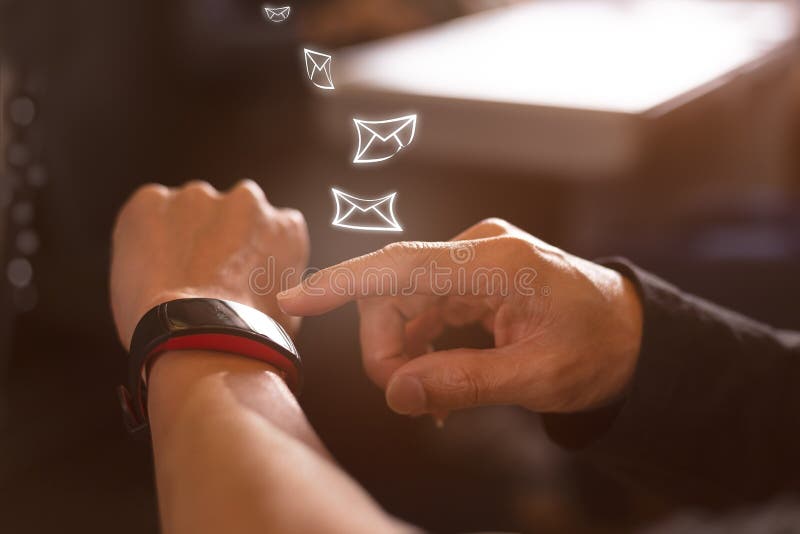 Close Up of Man Hands Using His Smart Watch App and Check Email in the ...