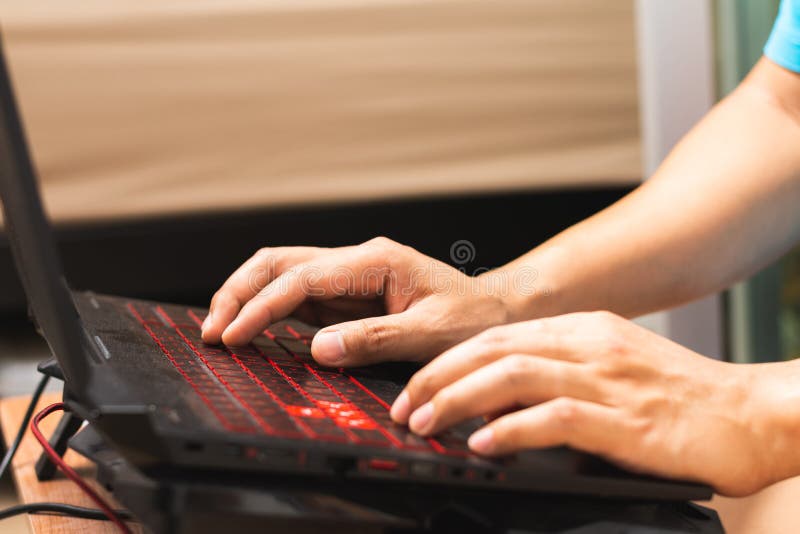 Close Up Man Hands Using Lap Top Computer Stock Photo - Image of chat ...