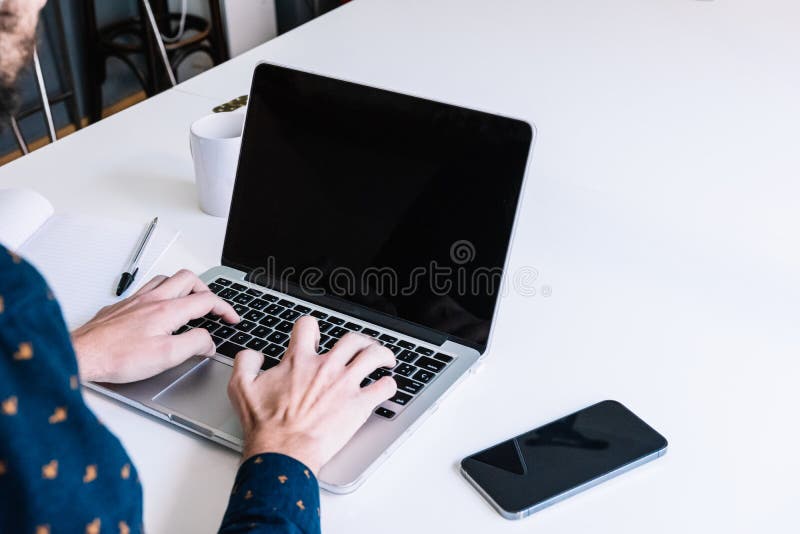 Close Up of Man Hands Using Laptop Stock Image - Image of desk, laptop ...