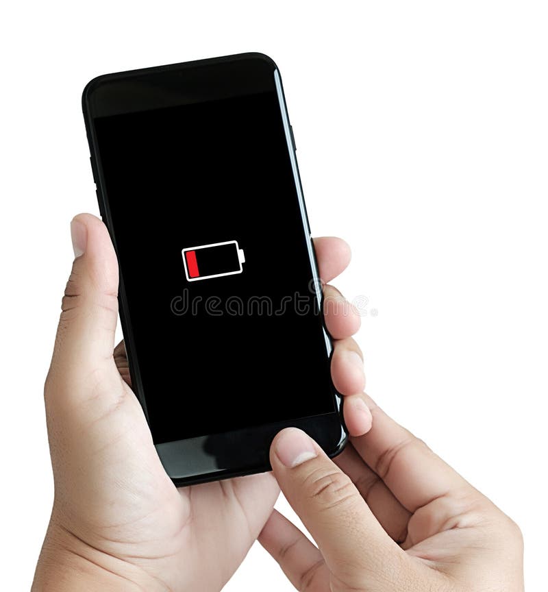 Close Up Man Hands Using Smart Phone Battery Low Charged Battery Stock ...