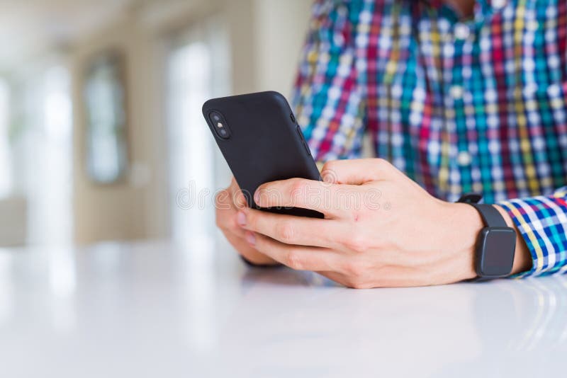 Close Up of Man Hands Using Smartphone and Smiling Stock Image - Image ...