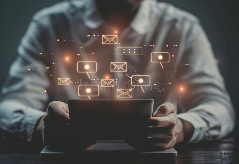 Close Up of Man Hands Using Tablet Computer with Email Icons. E-mail ...