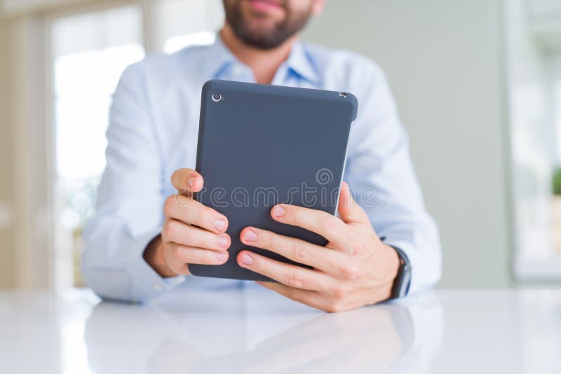 Close Up of Man Hands Using Tablet and Smiling Stock Photo - Image of ...
