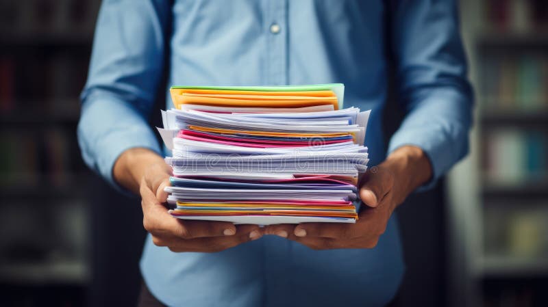 Close-up of a Man Holding a Large Stack of Documents. AI Generated ...