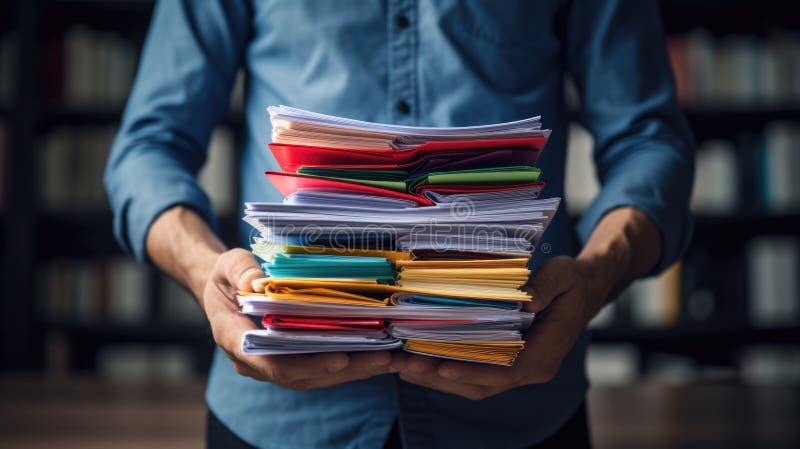 Close-up of a Man Holding a Large Stack of Documents. AI Generated ...