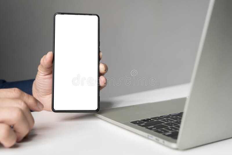 Close Up Man Holding Smartphone with Blank Mock Up Screen in Hands ...