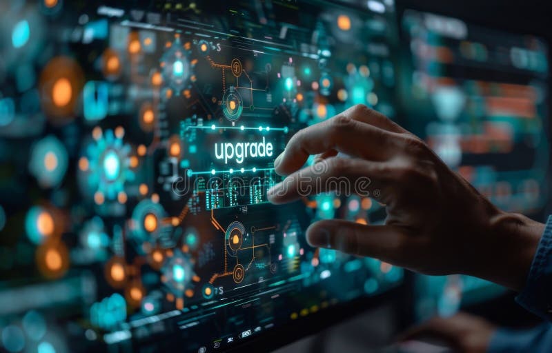 Man Upgrading Software on Computer, Digital Interface with Progress Bar ...