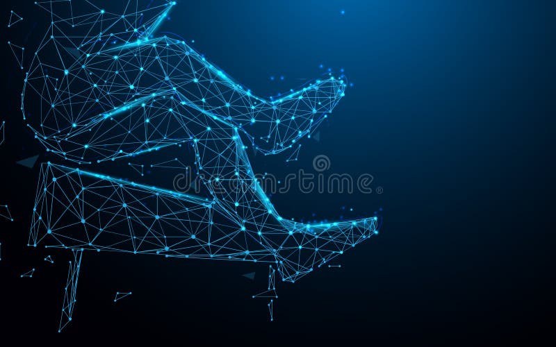 Close Up, Man Jumping Over Obstacle from Lines, Triangles and Particle ...