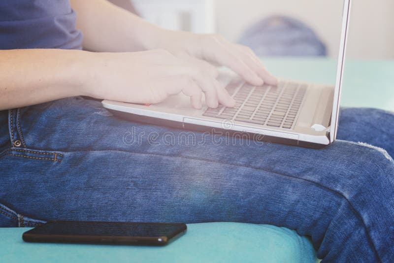 Close-up. Man with Laptop. Guy with Computer Stock Image - Image of ...