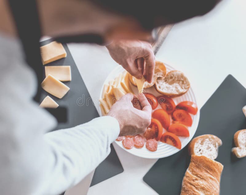 Close Up. Man Making Sandwiches in the Kitchen Stock Image - Image of ...
