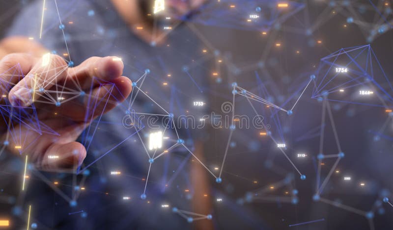 Close-up of a Man Navigating a Hologram Featuring Interconnected Lines ...