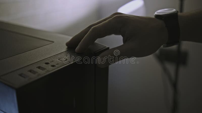Close-up of Man Pressing Computer Start Button. Clip. Man Turns on ...