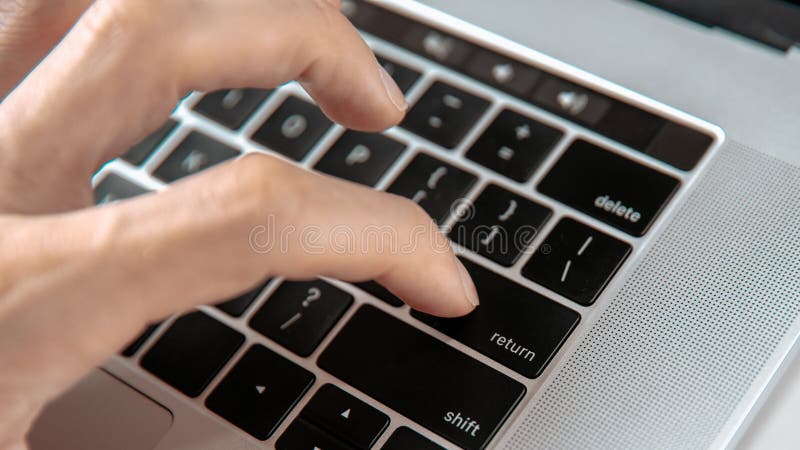 Close Up. Man Pressing the Enter Key on His Laptop Stock Photo - Image ...