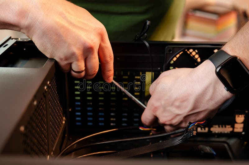 Close Up of Man Repairing Computer System Unit Stock Image - Image of ...