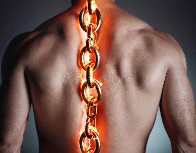 Close-up Man S Back, Flaming Chain Along Backbone Backache Lower Back ...