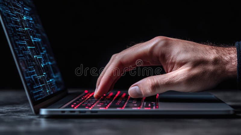 A Close-up of a Man S Hand Typing on a Keyboard in a Dark Room. Typing on a Laptop Keyboard ...