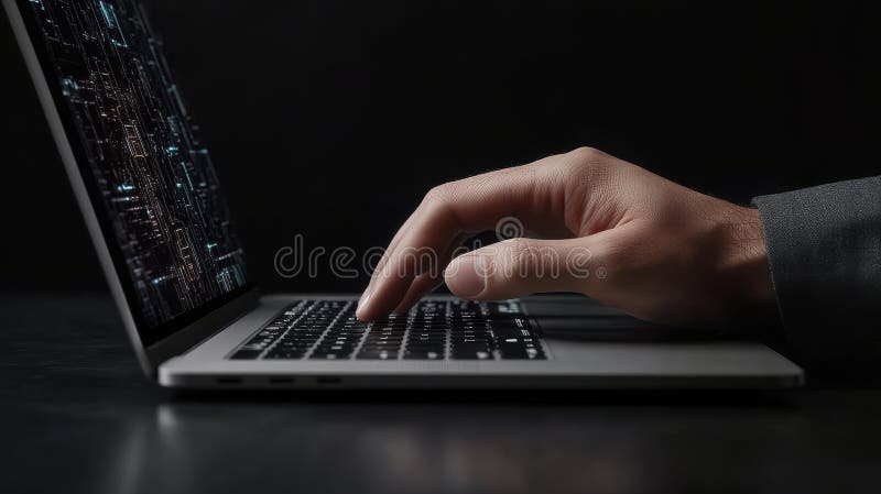 A Close-up of a Man S Hand Typing on a Keyboard in a Dark Room. Typing on a Laptop Keyboard ...