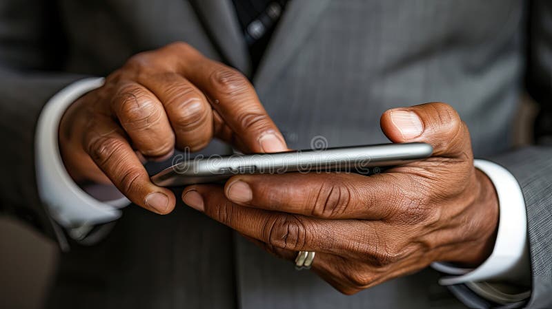 Close-up of a Mans Hands Using a Smartphone, Wearing a Suit and Ring ...