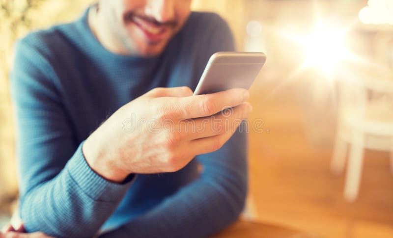Close Up of Man with Smartphones at Cafe Stock Photo - Image of ...